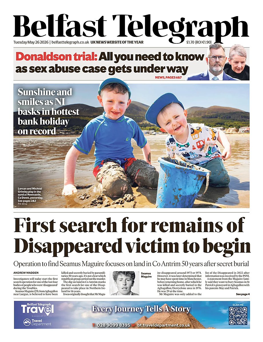 Belfast Telegraph Front Page Today - Headlines and News