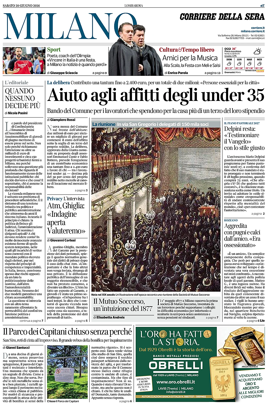 Prima Pagina Corriere della Sera (Milano) di Oggi - Titoli e Notizie