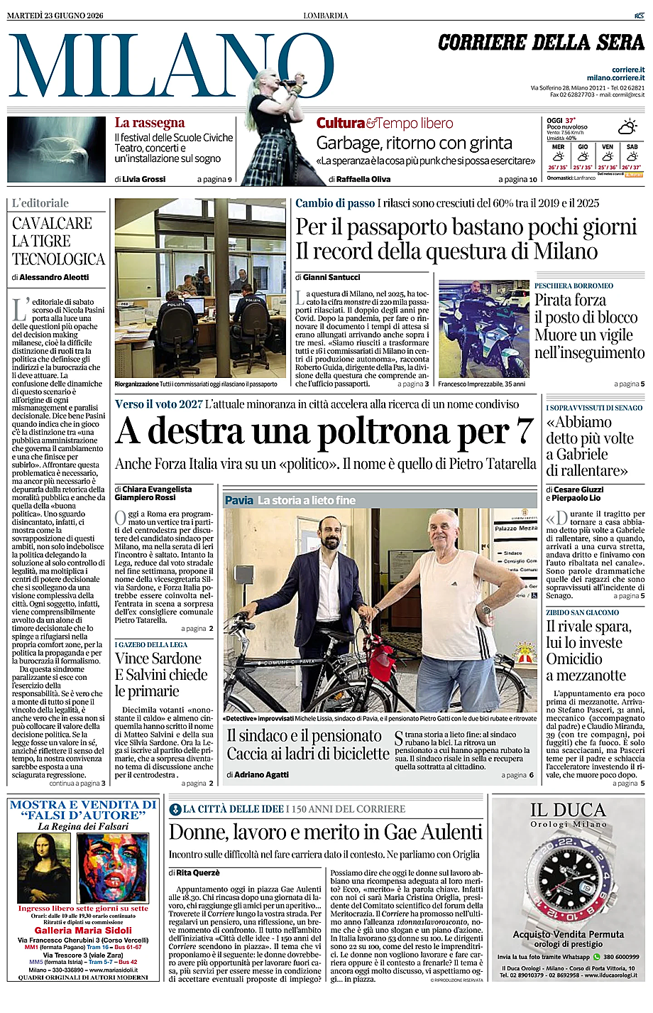 Prima Pagina Corriere della Sera (Milano) di Oggi - Titoli e Notizie