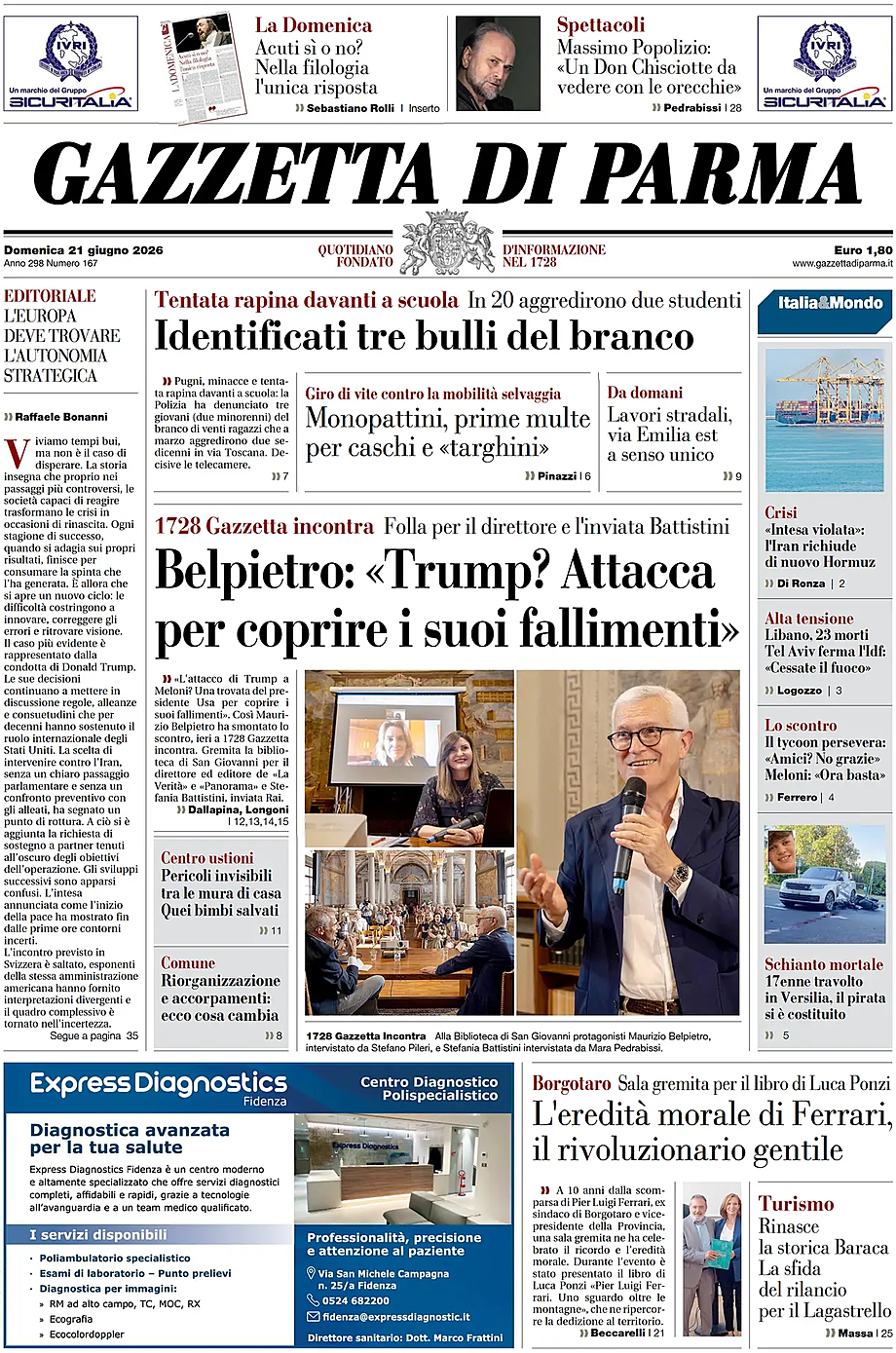 Prima Pagina Gazzetta di Parma di Oggi - Titoli e Notizie
