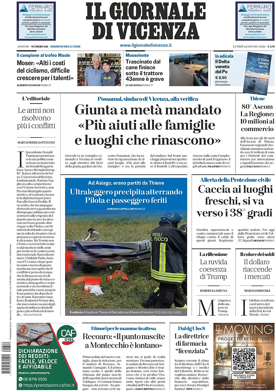 Prima Pagina Il Giornale di Vicenza di Oggi - Titoli e Notizie