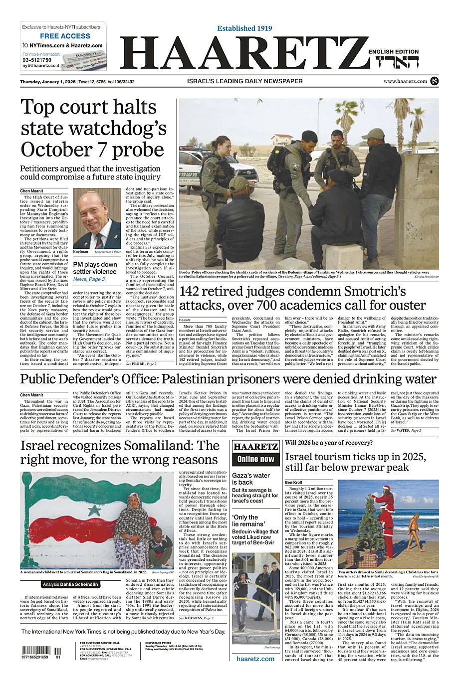 Prima Pagina Haaretz (English) di Oggi - Titoli e Notizie