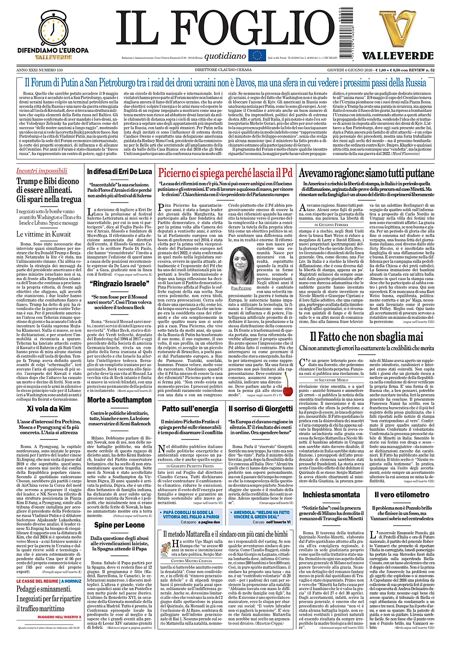 Prima Pagina Il Foglio di Oggi - Titoli e Notizie