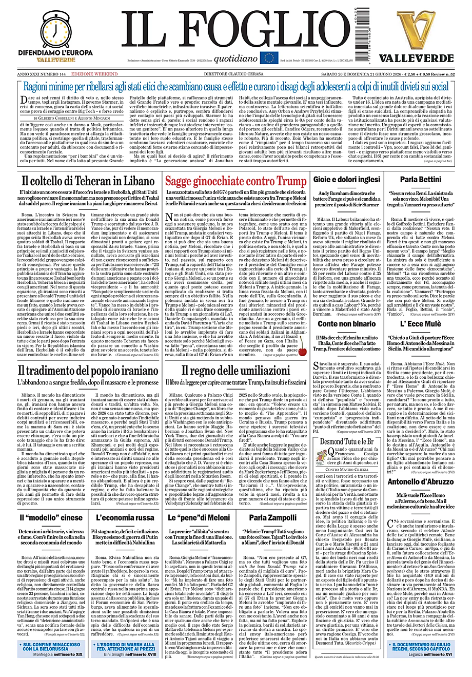Prima Pagina Il Foglio di Oggi - Titoli e Notizie