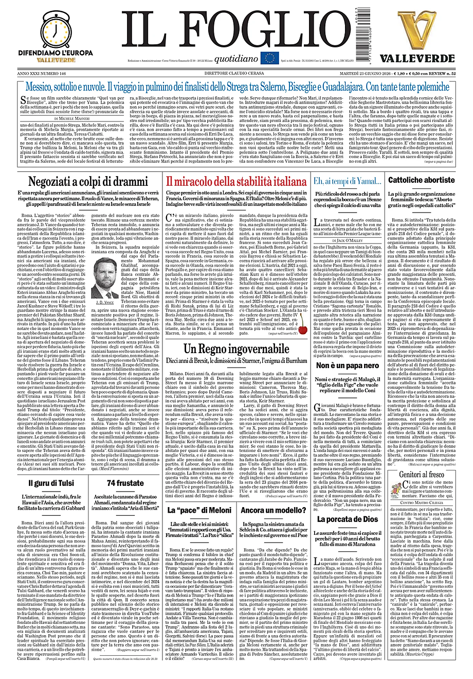 Prima Pagina Il Foglio di Oggi - Titoli e Notizie