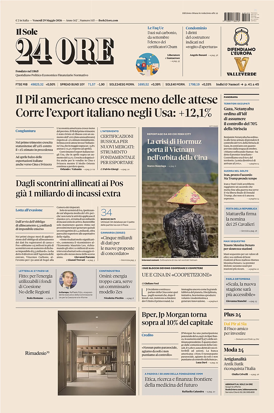 Prima Pagina Il Sole 24 Ore di Oggi - Titoli e Notizie