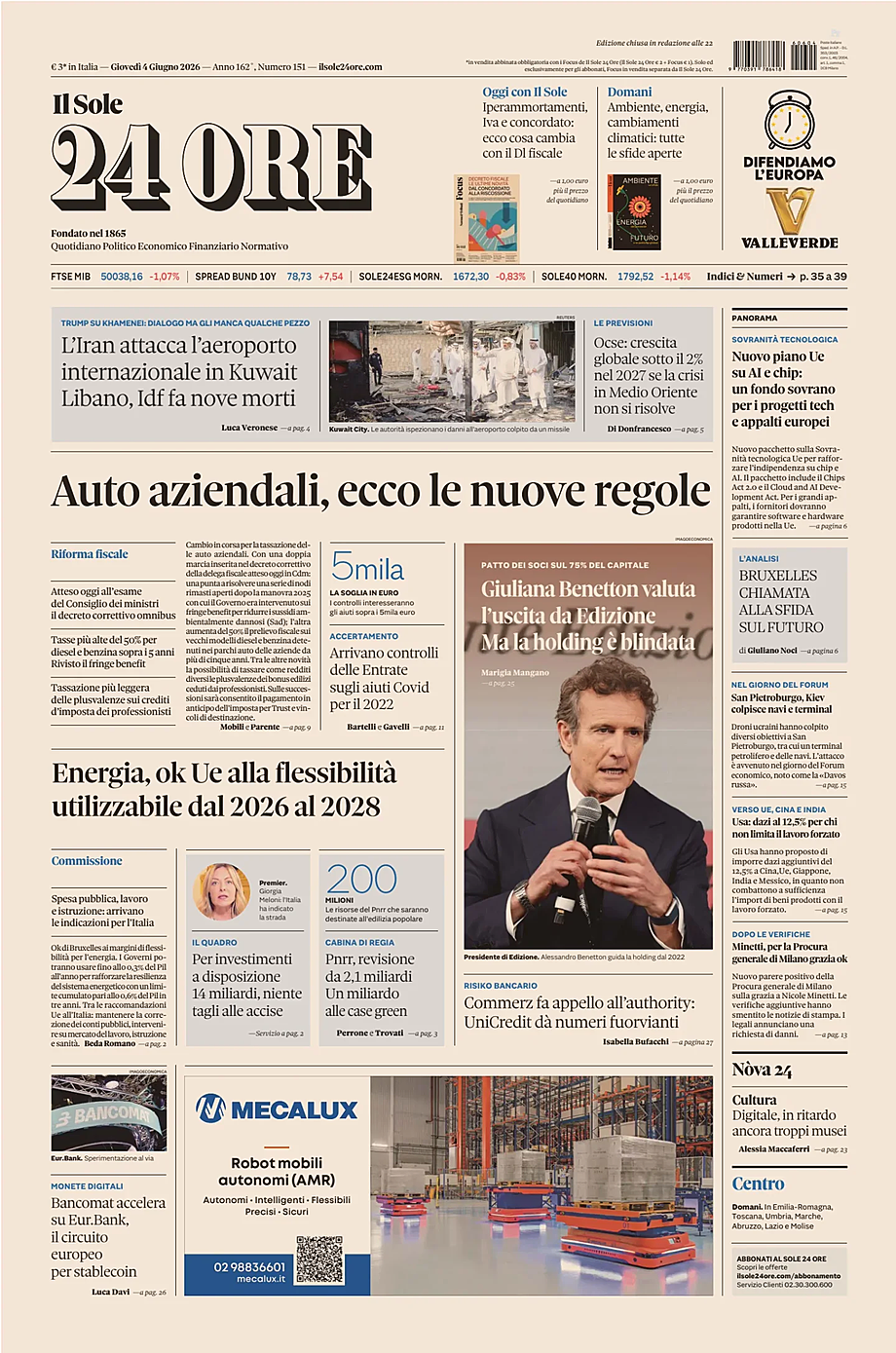 Prima Pagina Il Sole 24 Ore di Oggi - Titoli e Notizie