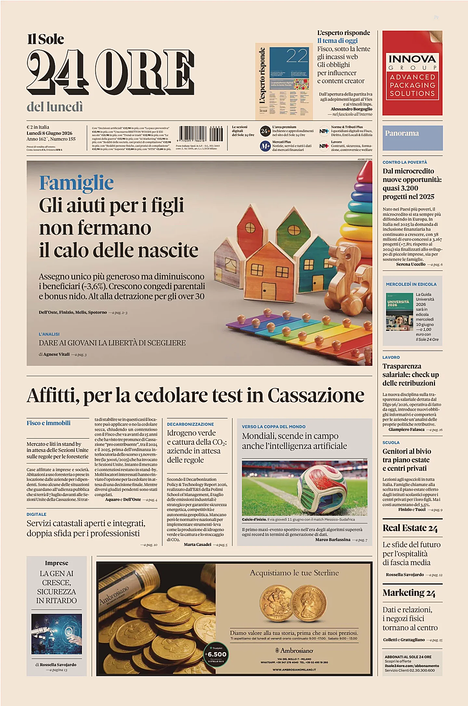 Prima Pagina Il Sole 24 Ore di Oggi - Titoli e Notizie