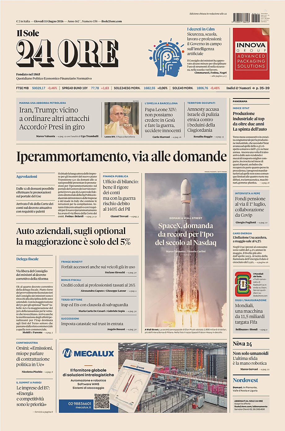 Prima Pagina Il Sole 24 Ore di Oggi - Titoli e Notizie