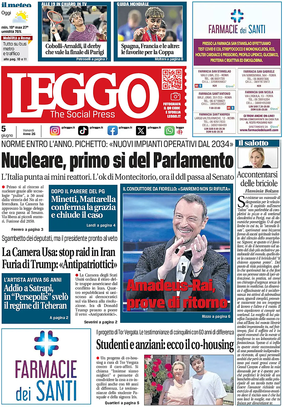Prima Pagina Leggo (Roma) di Oggi - Titoli e Notizie
