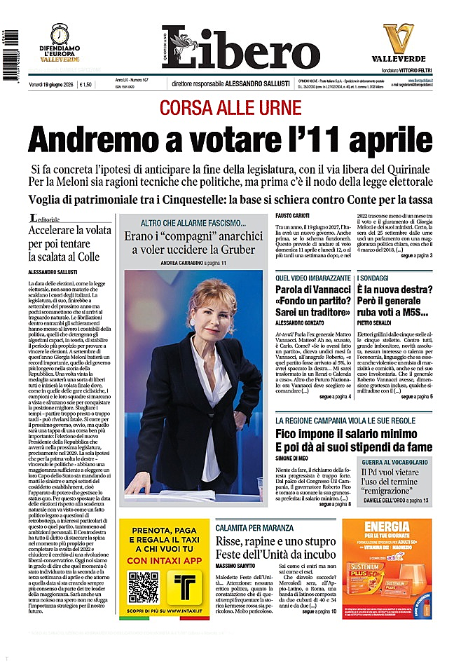 Prima Pagina Libero Quotidiano di Oggi - Titoli e Notizie