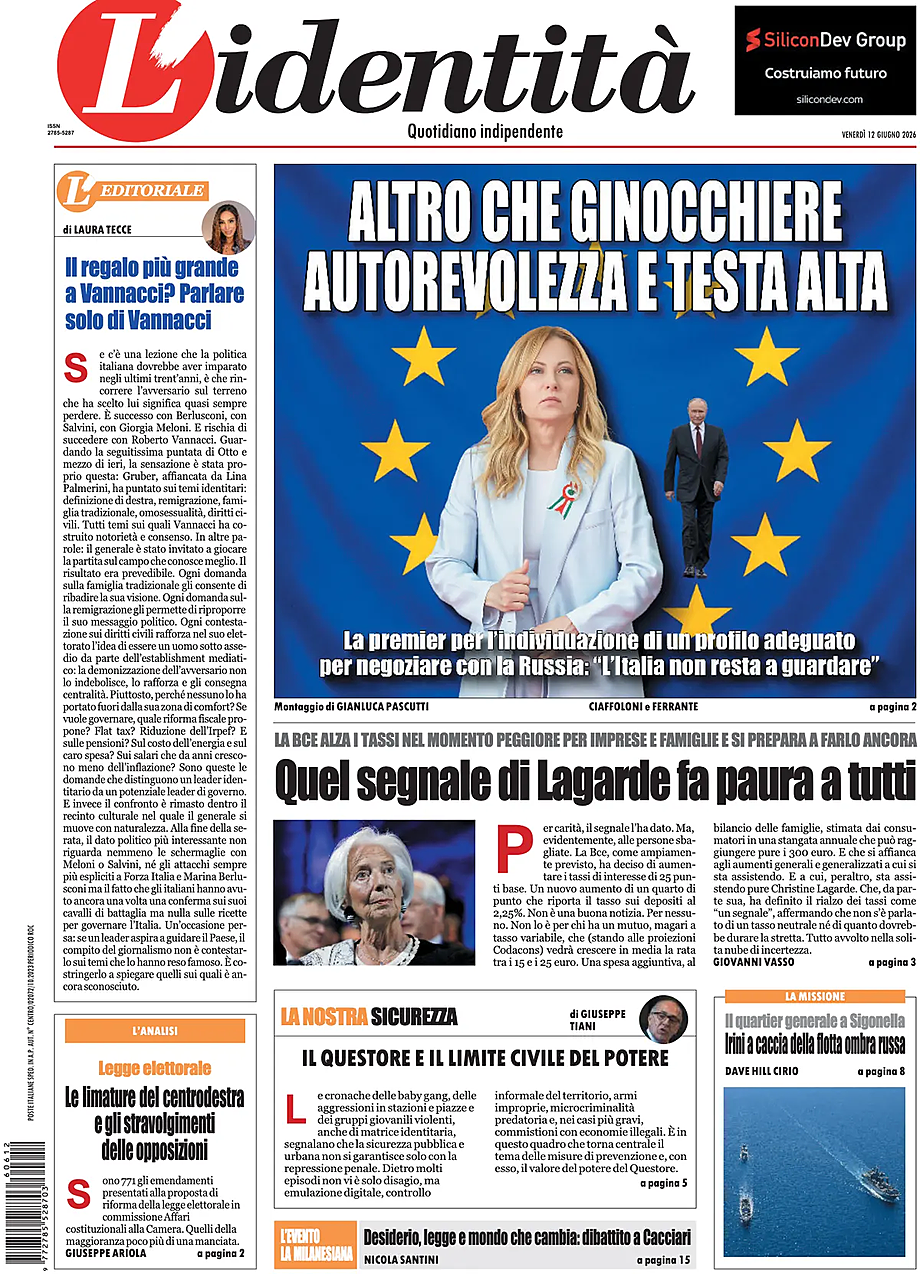 Prima Pagina L'Identità di Oggi - Titoli e Notizie