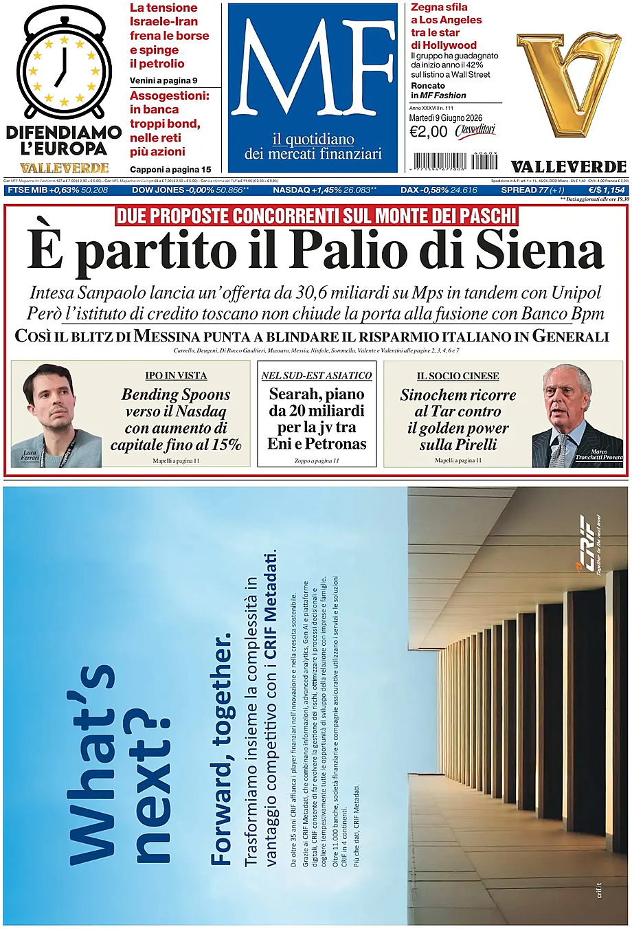 Prima Pagina MF Milano Finanza di Oggi - Titoli e Notizie