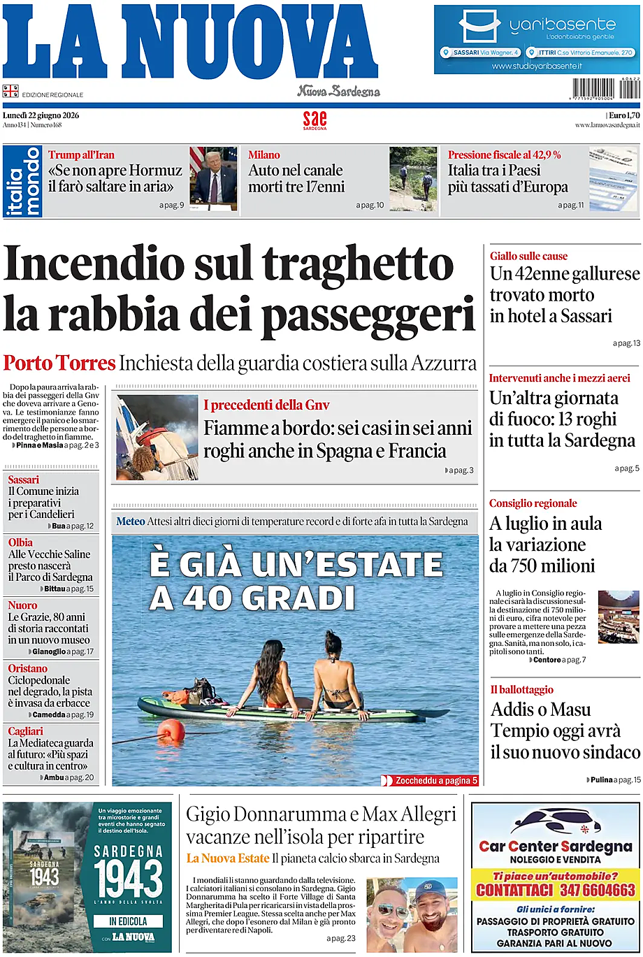 Prima Pagina La Nuova Sardegna di Oggi - Titoli e Notizie
