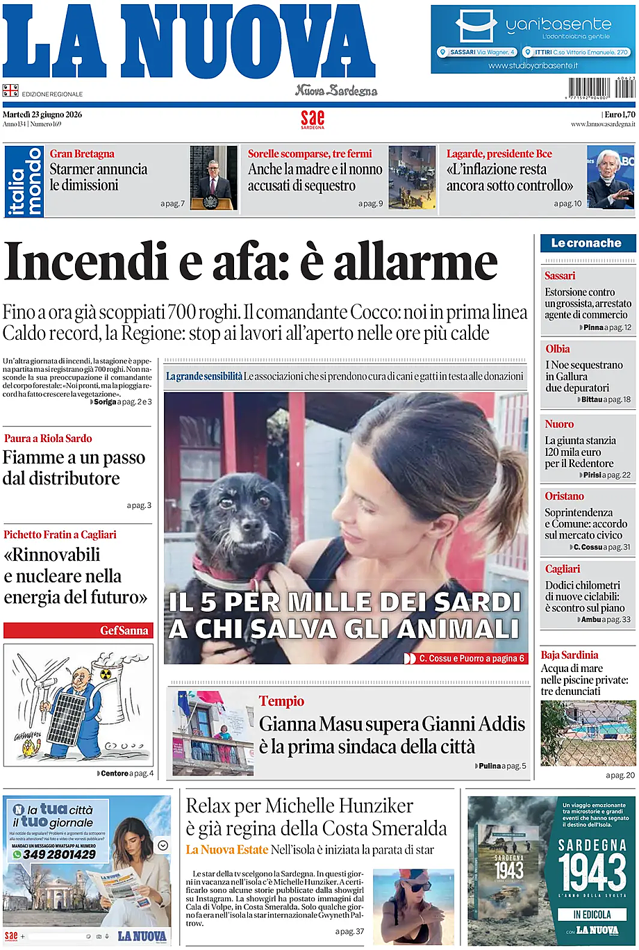 Prima Pagina La Nuova Sardegna di Oggi - Titoli e Notizie
