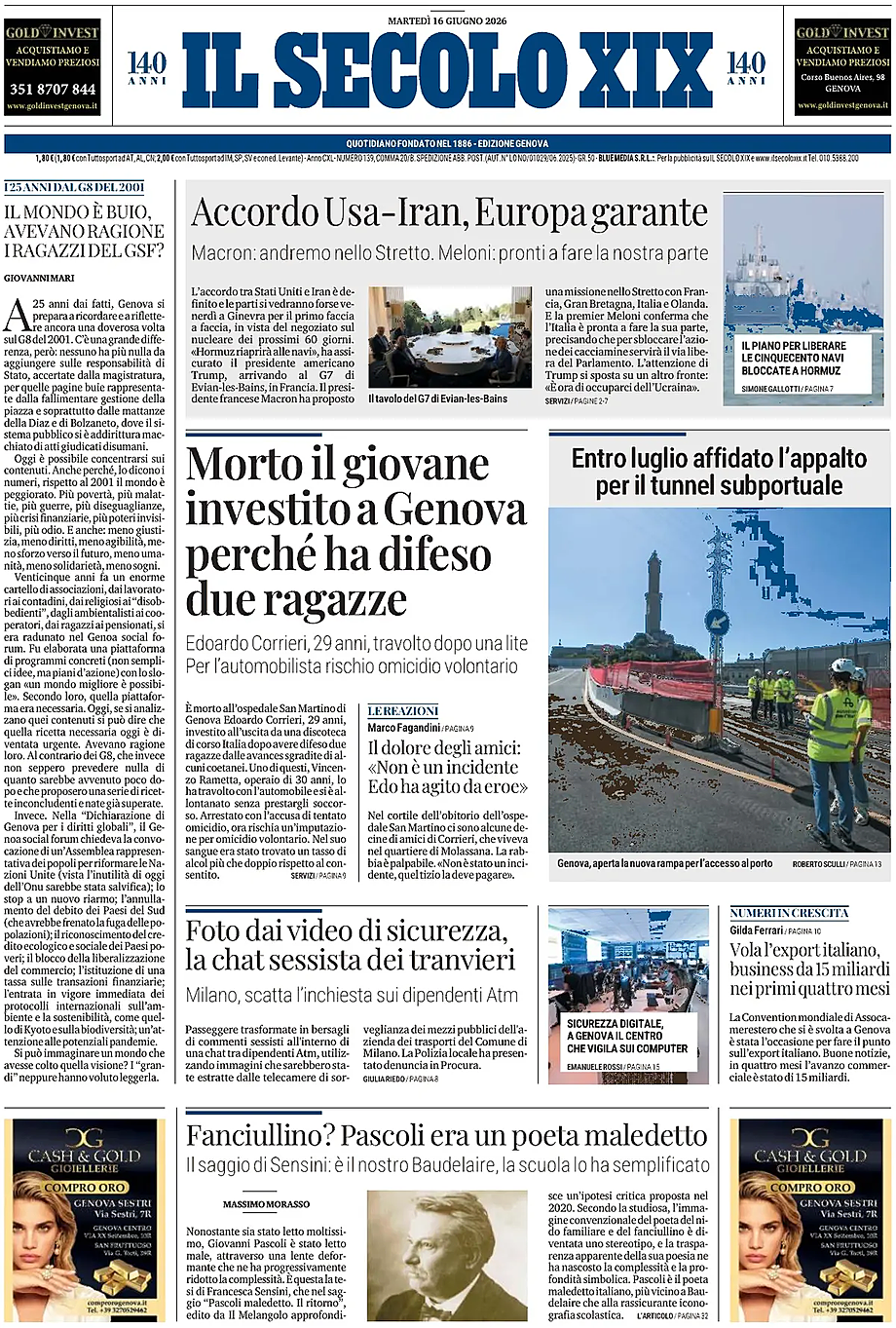Prima Pagina Il Secolo XIX di Oggi - Titoli e Notizie